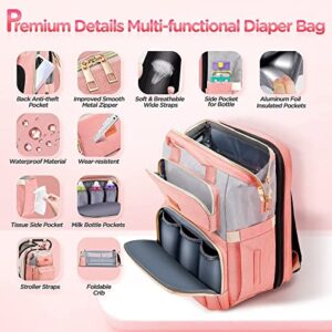 Gimars 5 in 1 Diaper Bag Backpack, Waterproof Diaper Bags for Travel with Insulated Milk Bottle Pocket, Large Capacity and Stroller Straps, Pink