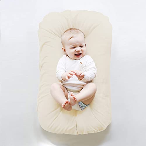 ZonLi Baby Lounger for Newborn, Baby Nest for 0-9 Month, Portable Nest Sleeper for Infant with 100% Cotton Muslin Cover - Breathable, Natural(Beige)