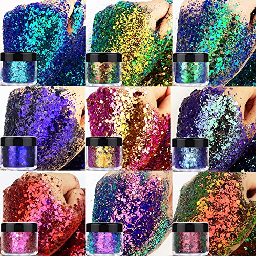 Chunky Glitter for Epoxy Resin,9 Boxs Chameleon Colors Shift Chunky Glitter Mixed Fine Glitter, Holographic Iridescent Glitter Flake Sequin for Tumbler Craft, Nails, Makeup