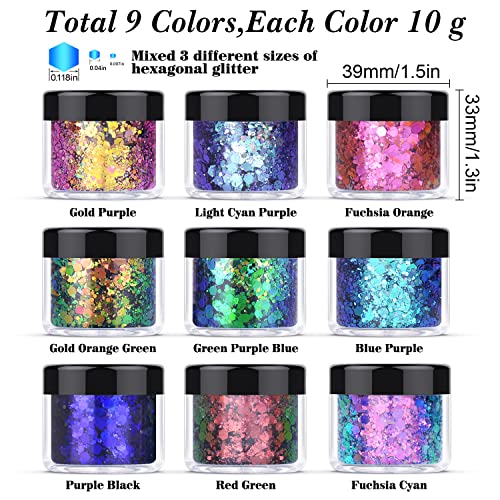 Chunky Glitter for Epoxy Resin,9 Boxs Chameleon Colors Shift Chunky Glitter Mixed Fine Glitter, Holographic Iridescent Glitter Flake Sequin for Tumbler Craft, Nails, Makeup