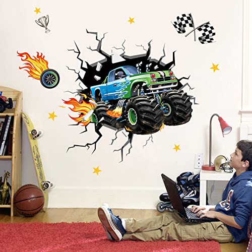 decalmile 3D Racing Car Wall Stickers Car Boys Room Wall Decals Kids Bedroom Living Room Playroom Wall Decor