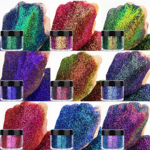 9 Box Chameleon Fine Glitter, Iridescent Colors Shift Glitter for Epoxy Resin/Tumblers Art, Holographic Opal Craft Glitter Dust Nail Eyeshadow Hair Face Body