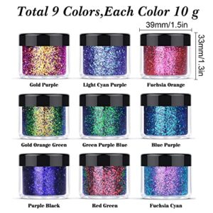 9 Box Chameleon Fine Glitter, Iridescent Colors Shift Glitter for Epoxy Resin/Tumblers Art, Holographic Opal Craft Glitter Dust Nail Eyeshadow Hair Face Body