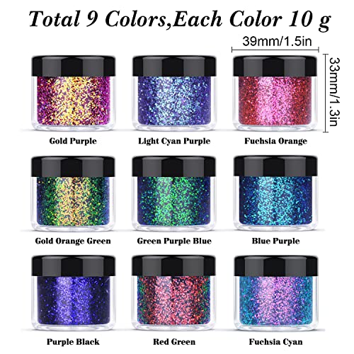 9 Box Chameleon Fine Glitter, Iridescent Colors Shift Glitter for Epoxy Resin/Tumblers Art, Holographic Opal Craft Glitter Dust Nail Eyeshadow Hair Face Body