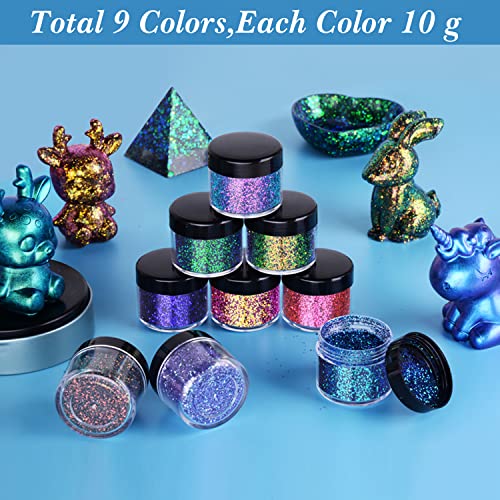 9 Box Chameleon Fine Glitter, Iridescent Colors Shift Glitter for Epoxy Resin/Tumblers Art, Holographic Opal Craft Glitter Dust Nail Eyeshadow Hair Face Body