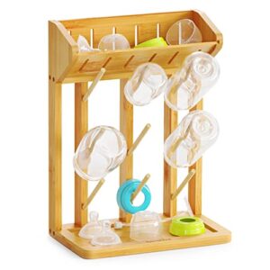 spaceaid bamboo baby bottle drying rack, space saving kitchen bottles holder organizer for baby bottle rack dryer storage accessories (natural, 9 bottles)