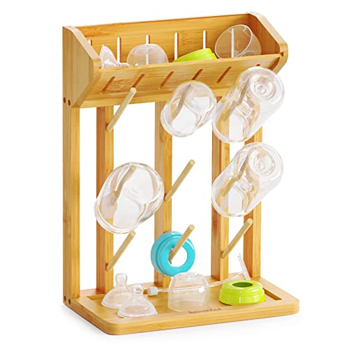 SpaceAid Bamboo Baby Bottle Drying Rack, Space Saving Kitchen Bottles Holder Organizer for Baby Bottle Rack Dryer Storage Accessories (Natural, 9 Bottles)