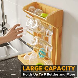 SpaceAid Bamboo Baby Bottle Drying Rack, Space Saving Kitchen Bottles Holder Organizer for Baby Bottle Rack Dryer Storage Accessories (Natural, 9 Bottles)