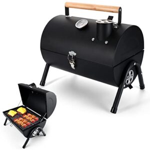 joyfair portable charcoal grill with thermometer, tabletop barbecue grill with chimney for outdoor camping backyard party bbq cooking, extra thick steel & heavy duty, innovative design & easy assembly