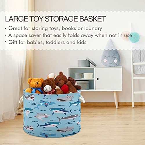 Kigai Cute Sharks Cotton Rope Basket Large Collapsible Baby Laundry Basket Blanket Basket Kid's Toy Storage Basket Organizer for Nursery Bedroom Home Decor