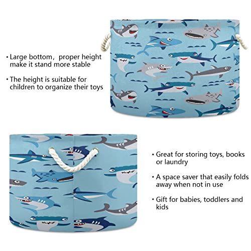 Kigai Cute Sharks Cotton Rope Basket Large Collapsible Baby Laundry Basket Blanket Basket Kid's Toy Storage Basket Organizer for Nursery Bedroom Home Decor