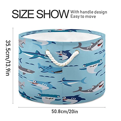 Kigai Cute Sharks Cotton Rope Basket Large Collapsible Baby Laundry Basket Blanket Basket Kid's Toy Storage Basket Organizer for Nursery Bedroom Home Decor