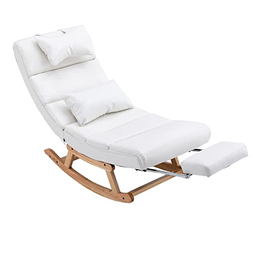 Taiweny Rocking Chair Nursery, PU Leather Upholstered Rocker Recliner Chair with Pillows & Foot Rest, Armless Lounge Chairs Nursing Glider for Living Room Bedroom Office (PU, White)