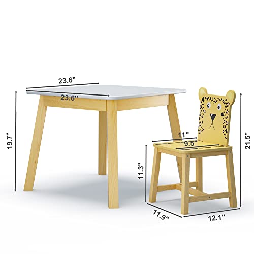 pouseayar 5 Piece Kids Table and Chair Set, MDF+Pine Toddler Wood Table with 4 Chairs Cartoon Animals for Ages 3-8 Easy to Wipe Arts & Crafts Table, for Daycares, Classrooms, Homes