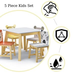 pouseayar 5 Piece Kids Table and Chair Set, MDF+Pine Toddler Wood Table with 4 Chairs Cartoon Animals for Ages 3-8 Easy to Wipe Arts & Crafts Table, for Daycares, Classrooms, Homes