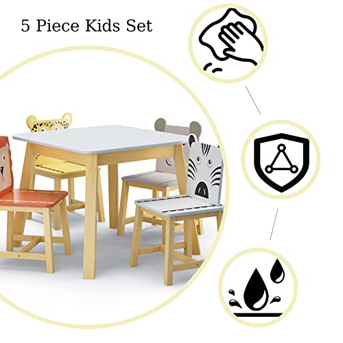 pouseayar 5 Piece Kids Table and Chair Set, MDF+Pine Toddler Wood Table with 4 Chairs Cartoon Animals for Ages 3-8 Easy to Wipe Arts & Crafts Table, for Daycares, Classrooms, Homes