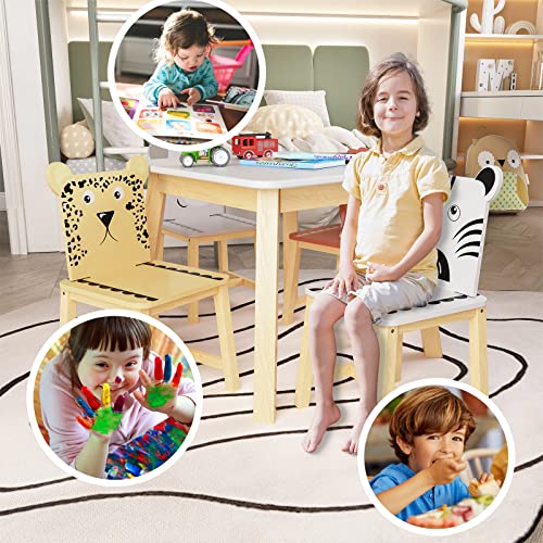 pouseayar 5 Piece Kids Table and Chair Set, MDF+Pine Toddler Wood Table with 4 Chairs Cartoon Animals for Ages 3-8 Easy to Wipe Arts & Crafts Table, for Daycares, Classrooms, Homes