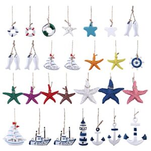 wooden hanging nautical ornaments: 28pcs nautical ornaments, beach marine ornament set decorations for home anchor life ring sea star sailboat beach for coastal christmas tree decor craft