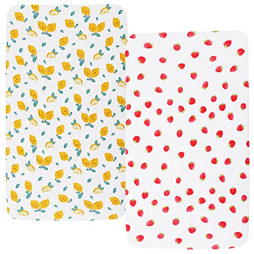 100% Jersey Knit Cotton Bassinet Sheet Set 2 Pack (33" x 19"), Ultra Soft Stretch Compatible with Mika Micky, Baby Delight, Dream On Me, Amke and Other Rectangle Mattress, Lemon and Strawberry