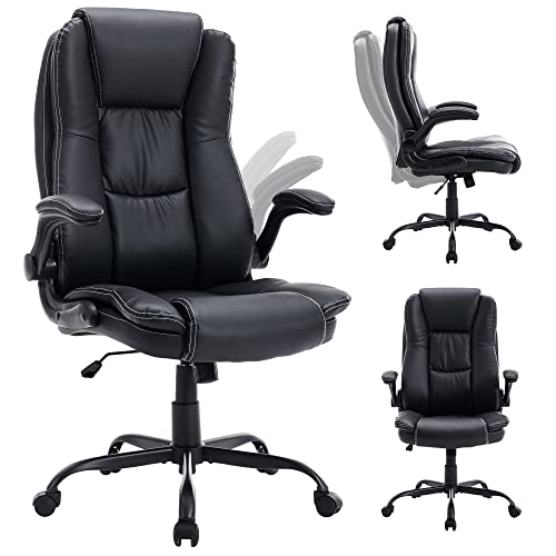 GNMLP2020 Big and Tall Office Chair,High Back Executive Office Chair with Flip-up Armrest,PU Leather Ergonomic Office Chair with Back Lumbar Support,Swivel Rolling Desk Chair with Wheels(Black)