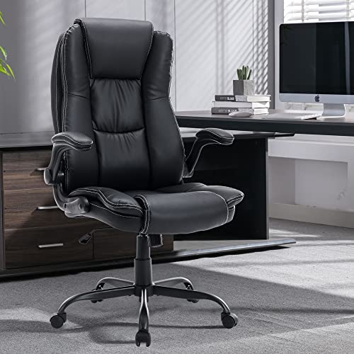 GNMLP2020 Big and Tall Office Chair,High Back Executive Office Chair with Flip-up Armrest,PU Leather Ergonomic Office Chair with Back Lumbar Support,Swivel Rolling Desk Chair with Wheels(Black)