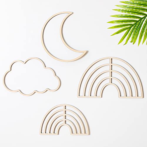 4 Pieces Cloud Wall Decor Boho Nursery Decor Wooden Star Decor Baby Nursery Rattan Moon Wall Decor Wooden Rainbow for Nursery Children Baby Kids Boys Girls Bedroom Decor (Cloud, Rainbow, Moon)