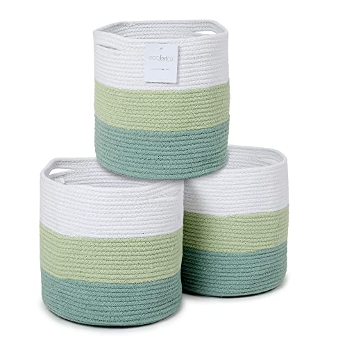 Eco Living Recycled Cotton Rope Basket - Multi-Purpose Woven Closet Storage Bins - Medium 11 X 11 X 11 Inches - Nursery & Kids Room Organizer - Fits 12X12” Cube Shelves - Set of 3 - White & Green