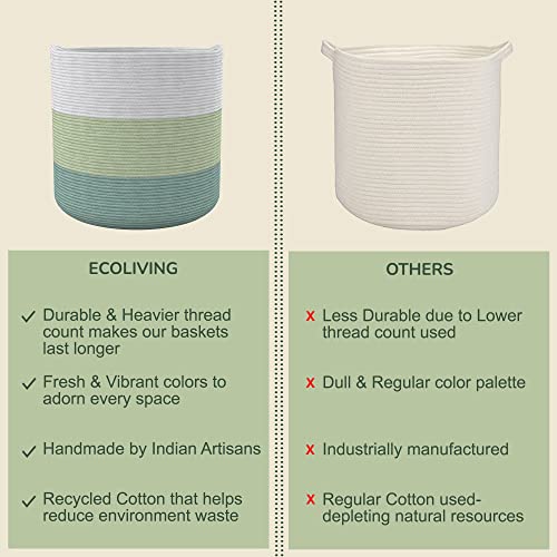 Eco Living Recycled Cotton Rope Basket - Multi-Purpose Woven Closet Storage Bins - Medium 11 X 11 X 11 Inches - Nursery & Kids Room Organizer - Fits 12X12” Cube Shelves - Set of 3 - White & Green