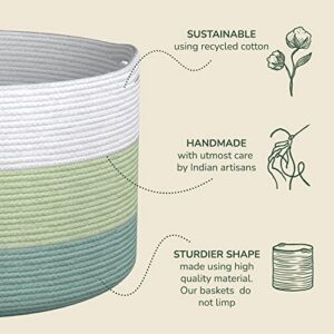 Eco Living Recycled Cotton Rope Basket - Multi-Purpose Woven Closet Storage Bins - Medium 11 X 11 X 11 Inches - Nursery & Kids Room Organizer - Fits 12X12” Cube Shelves - Set of 3 - White & Green