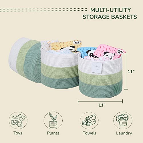 Eco Living Recycled Cotton Rope Basket - Multi-Purpose Woven Closet Storage Bins - Medium 11 X 11 X 11 Inches - Nursery & Kids Room Organizer - Fits 12X12” Cube Shelves - Set of 3 - White & Green