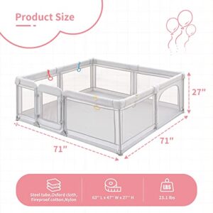 Baby Playpen, 71''x71'' Extra Large Playpens for Babies and Toddlers, Baby Fence with Sturdy Swing Door of Double Lock System, Safety Baby Play Yard with Soft Breathable Mesh (71''x 71''x 27'') Grey