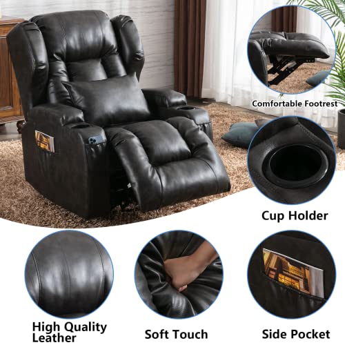 ETAGERIA Rocker Recliner Chair, 360° Swivel Glider Recliner - Ergonomic Leather Lounge Rocking Chairs for Nursery with Cup Holders/Side Pockets/Pillow for Living Room (Black Grey-1)