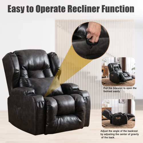 ETAGERIA Rocker Recliner Chair, 360° Swivel Glider Recliner - Ergonomic Leather Lounge Rocking Chairs for Nursery with Cup Holders/Side Pockets/Pillow for Living Room (Black Grey-1)