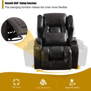 ETAGERIA Rocker Recliner Chair, 360° Swivel Glider Recliner - Ergonomic Leather Lounge Rocking Chairs for Nursery with Cup Holders/Side Pockets/Pillow for Living Room (Black Grey-1)