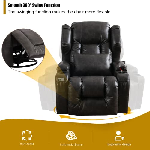 ETAGERIA Rocker Recliner Chair, 360° Swivel Glider Recliner - Ergonomic Leather Lounge Rocking Chairs for Nursery with Cup Holders/Side Pockets/Pillow for Living Room (Black Grey-1)