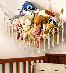 tcgpro stuffed animal storage - stuffed animal hammock or net corner, boho stuffed animal holder with tassels, macrame hanging toy organizer ideas for plush display, kids room bedroom decor