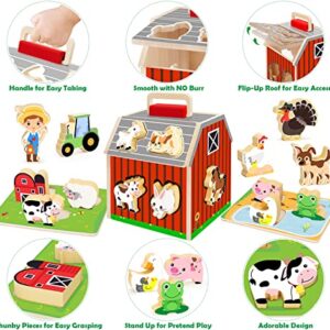 Wooden Farm Animals Toys for 1 2 3 Year Old Girl Boy, Take-Along Sorting Barn Toy with Baby Chunky Puzzles, Montessori Learning Toys for Fine Motor Games, Christmas Birthday Gifts for Toddlers 1-3