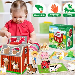 Wooden Farm Animals Toys for 1 2 3 Year Old Girl Boy, Take-Along Sorting Barn Toy with Baby Chunky Puzzles, Montessori Learning Toys for Fine Motor Games, Christmas Birthday Gifts for Toddlers 1-3