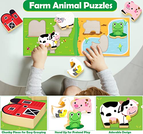 Wooden Farm Animals Toys for 1 2 3 Year Old Girl Boy, Take-Along Sorting Barn Toy with Baby Chunky Puzzles, Montessori Learning Toys for Fine Motor Games, Christmas Birthday Gifts for Toddlers 1-3