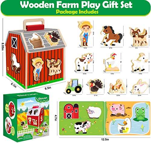 Wooden Farm Animals Toys for 1 2 3 Year Old Girl Boy, Take-Along Sorting Barn Toy with Baby Chunky Puzzles, Montessori Learning Toys for Fine Motor Games, Christmas Birthday Gifts for Toddlers 1-3