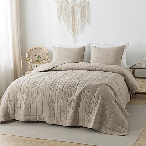 B2EVER Beige Quilt Queen Size Bedding Sets with Pillow Shams, Lightweight Soft Bedspread Coverlet, Quilted Blanket Thin Comforter Bed Cover for All Season Spring Summer, 3 Pieces, 90x90 inches