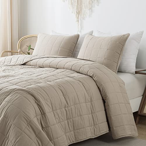 B2EVER Beige Quilt Queen Size Bedding Sets with Pillow Shams, Lightweight Soft Bedspread Coverlet, Quilted Blanket Thin Comforter Bed Cover for All Season Spring Summer, 3 Pieces, 90x90 inches