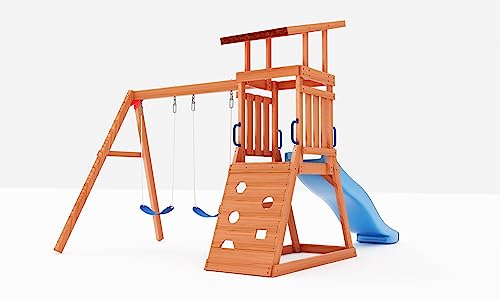 Dolphin Playground Wooden Swing Sets for Backyard with 6FT Slide, Outdoor Playset for Kids with Sand Pit, Climbing Wall, and 2 Belt Swings, Heavy Duty Playground Accessories, Ages 2-9