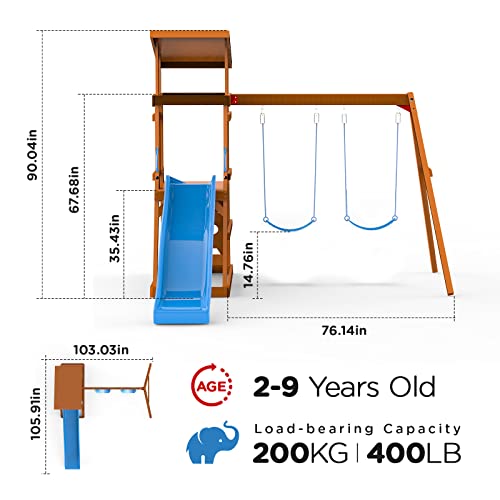 Dolphin Playground Wooden Swing Sets for Backyard with 6FT Slide, Outdoor Playset for Kids with Sand Pit, Climbing Wall, and 2 Belt Swings, Heavy Duty Playground Accessories, Ages 2-9