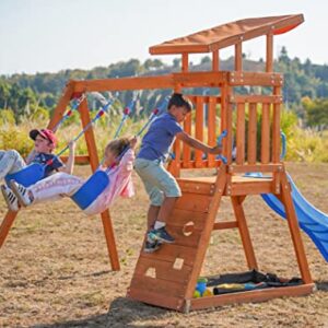 Dolphin Playground Wooden Swing Sets for Backyard with 6FT Slide, Outdoor Playset for Kids with Sand Pit, Climbing Wall, and 2 Belt Swings, Heavy Duty Playground Accessories, Ages 2-9