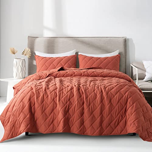 Burnt Orange Quilt Queen Size Bedding Sets with Pillow Shams, Red Lightweight Soft Bedspread Coverlet, Quilted Thin Blanket Comforter Bed Cover for All Season Spring Summer, 3 Pieces, 90x90 inches