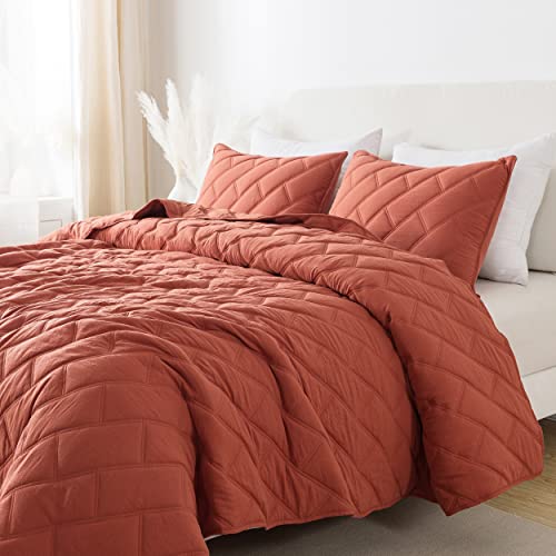 Burnt Orange Quilt Queen Size Bedding Sets with Pillow Shams, Red Lightweight Soft Bedspread Coverlet, Quilted Thin Blanket Comforter Bed Cover for All Season Spring Summer, 3 Pieces, 90x90 inches