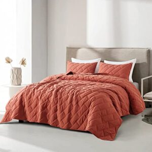 Burnt Orange Quilt Queen Size Bedding Sets with Pillow Shams, Red Lightweight Soft Bedspread Coverlet, Quilted Thin Blanket Comforter Bed Cover for All Season Spring Summer, 3 Pieces, 90x90 inches