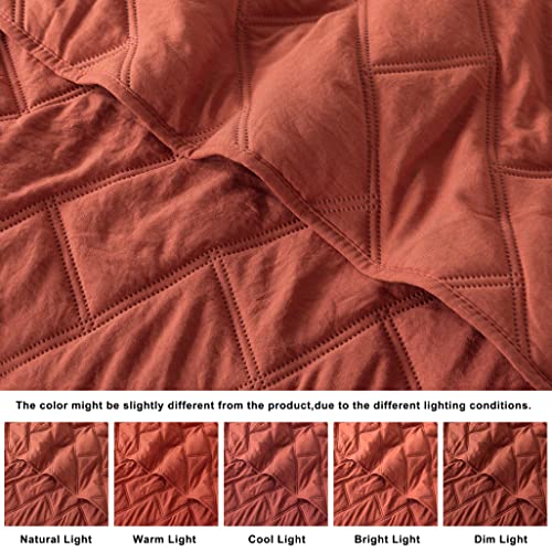 Burnt Orange Quilt Queen Size Bedding Sets with Pillow Shams, Red Lightweight Soft Bedspread Coverlet, Quilted Thin Blanket Comforter Bed Cover for All Season Spring Summer, 3 Pieces, 90x90 inches