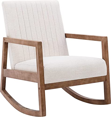 RIVOVA Modern Fabric Accent Rocking Chair, Upholstered Nursery Glider Rocker, Mid Century Lounge Arm Chair for Reading Living Room Bedroom Office, Beige